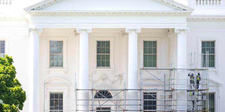 Scaffolding goes up around the White House’s North Portico