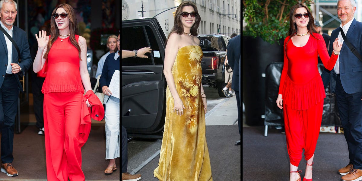 Anne Hathaway’s maternity style is all about the bright primary colors