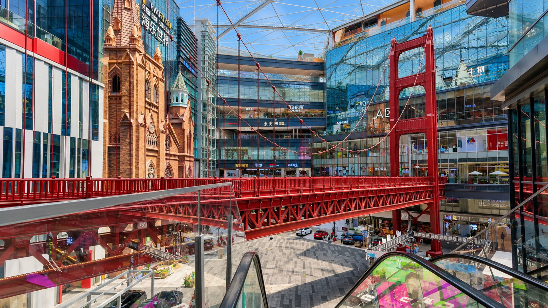 This mall interior creates a dramatic cityscape under a glass roof