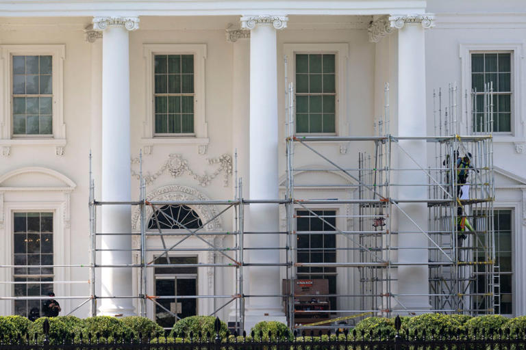 Scaffolding goes up around the White House’s North Portico