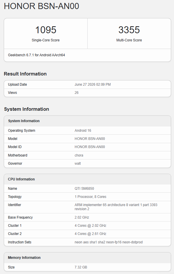 Honor X80 Pro Max runs Geekbench, revealing Snapdragon 6 Gen 5 performance