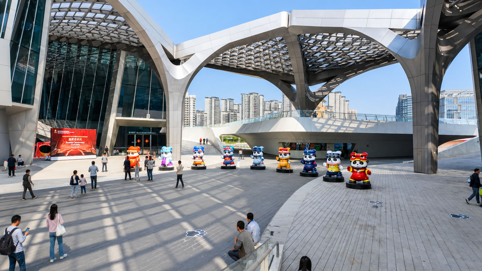 Inside China’s futuristic plaza where giant arches frame colorful mascots