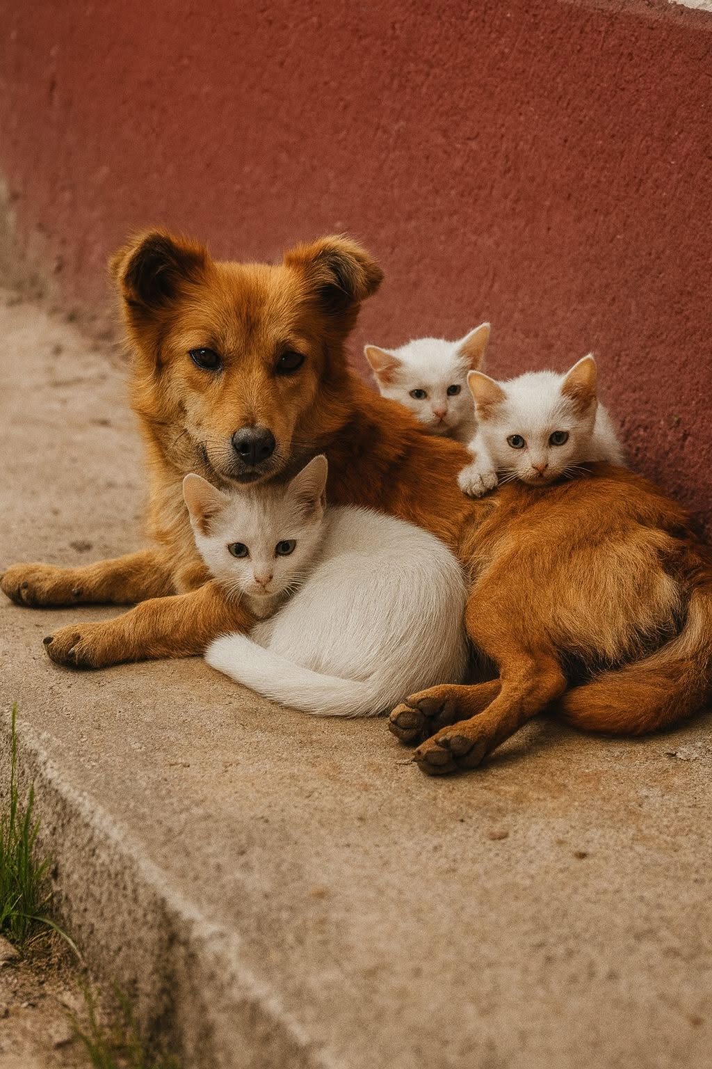 Cagnolino randagio trova tre gattini abbandonati e li protegge dal freddo