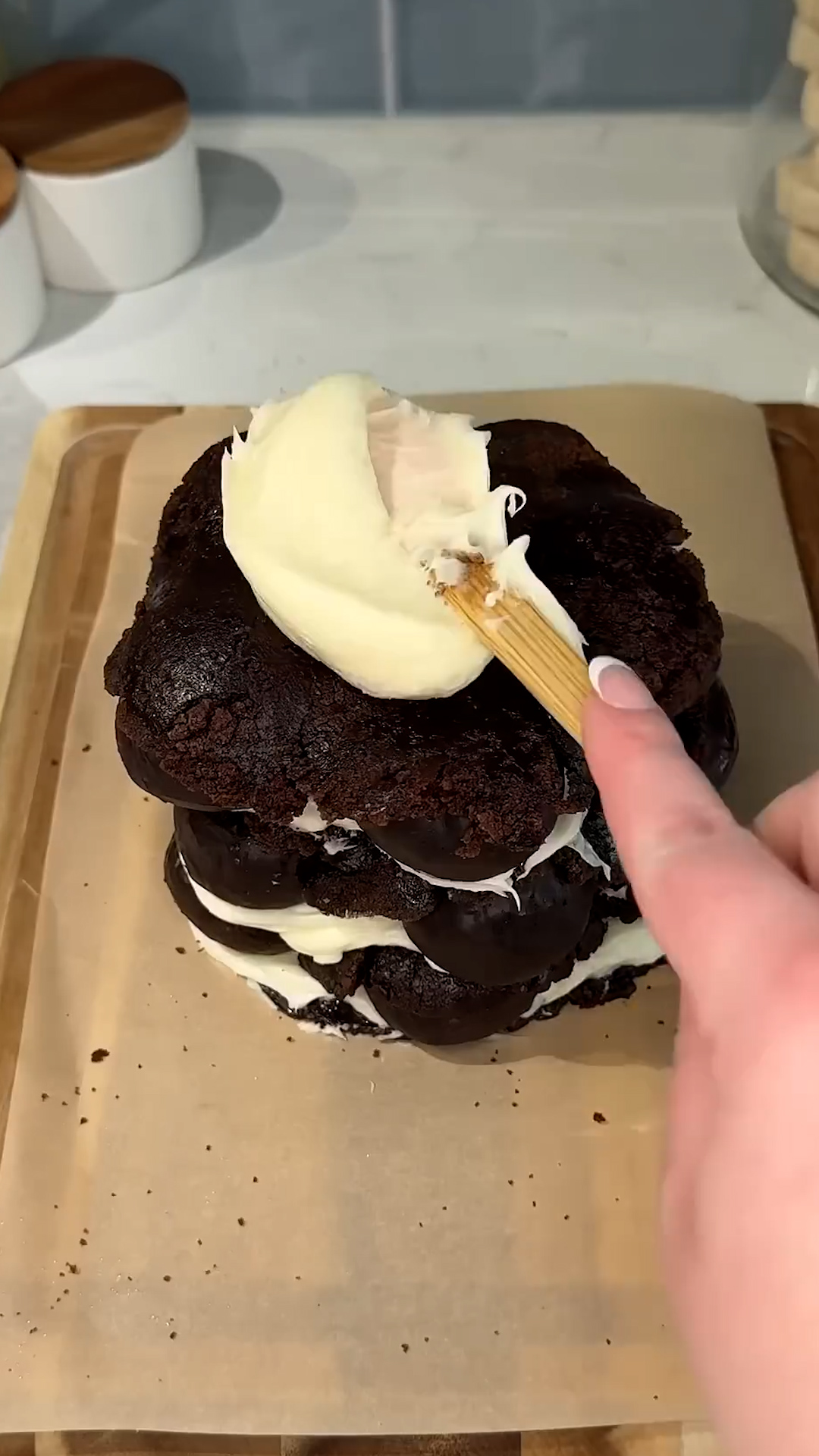 Fudgy brownie batter baked into a ring-shaped birthday donut cake