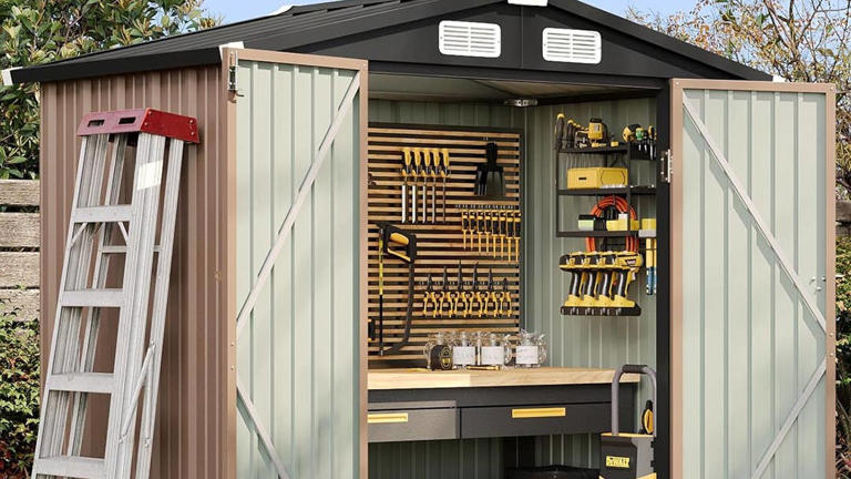 Amazon has a very roomy lockable outdoor storage shed for just $142