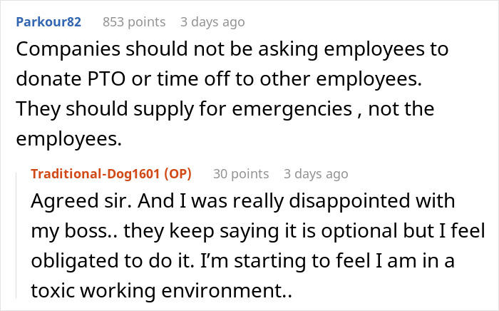 Man won’t donate part of his saved 120 PTO hours to a coworker, higher ...