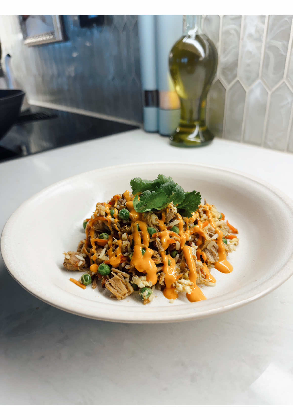 Plating homemade fried rice with shredded meat, sweet peas, carrots ...