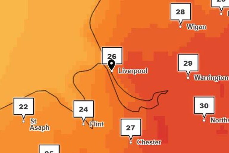 Met Office map turns red as Liverpool under extreme heat warning