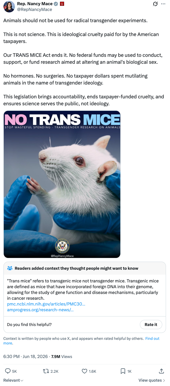 Nancy Mace mocked online after posting about 'trans' mice in research