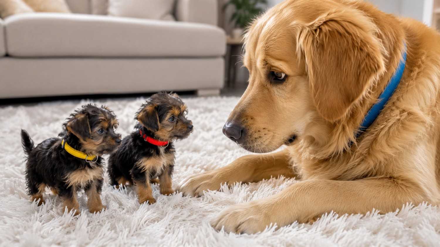 Two tiny rescue puppies meet a gentle golden