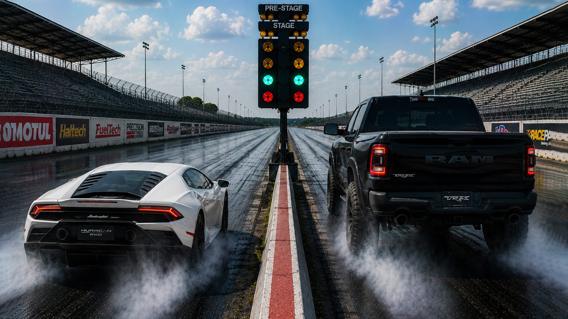 1000HP Ram TRX faces Lamborghini Huracan EVO RWD drag race