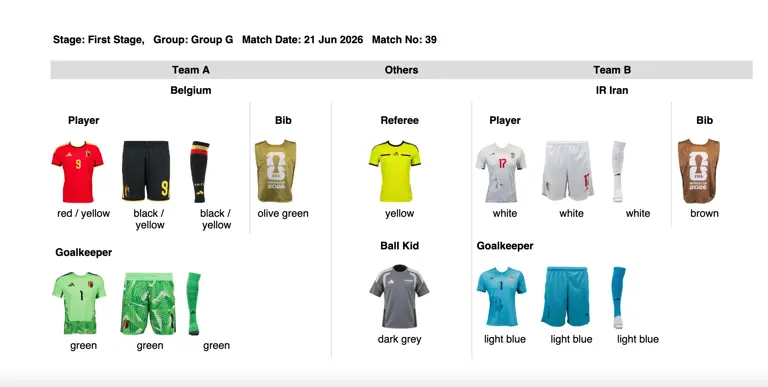 Referee and uniforms for Belgium vs Iran today at 2026 World Cup