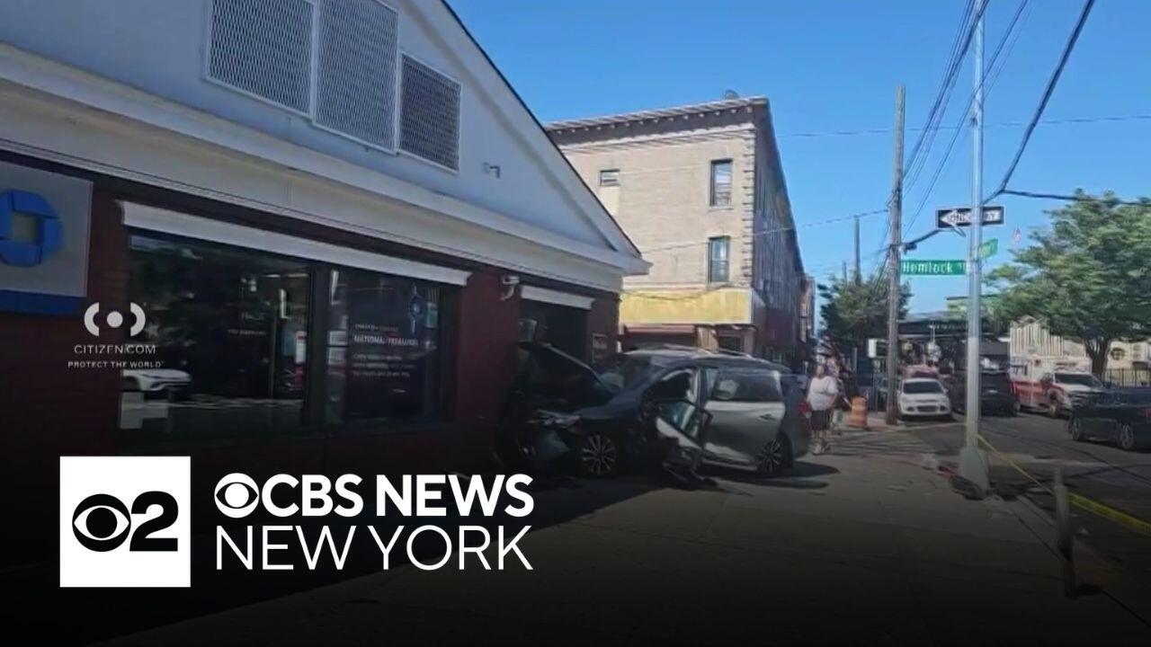 Car crashes into Brooklyn bank after hit-and-run