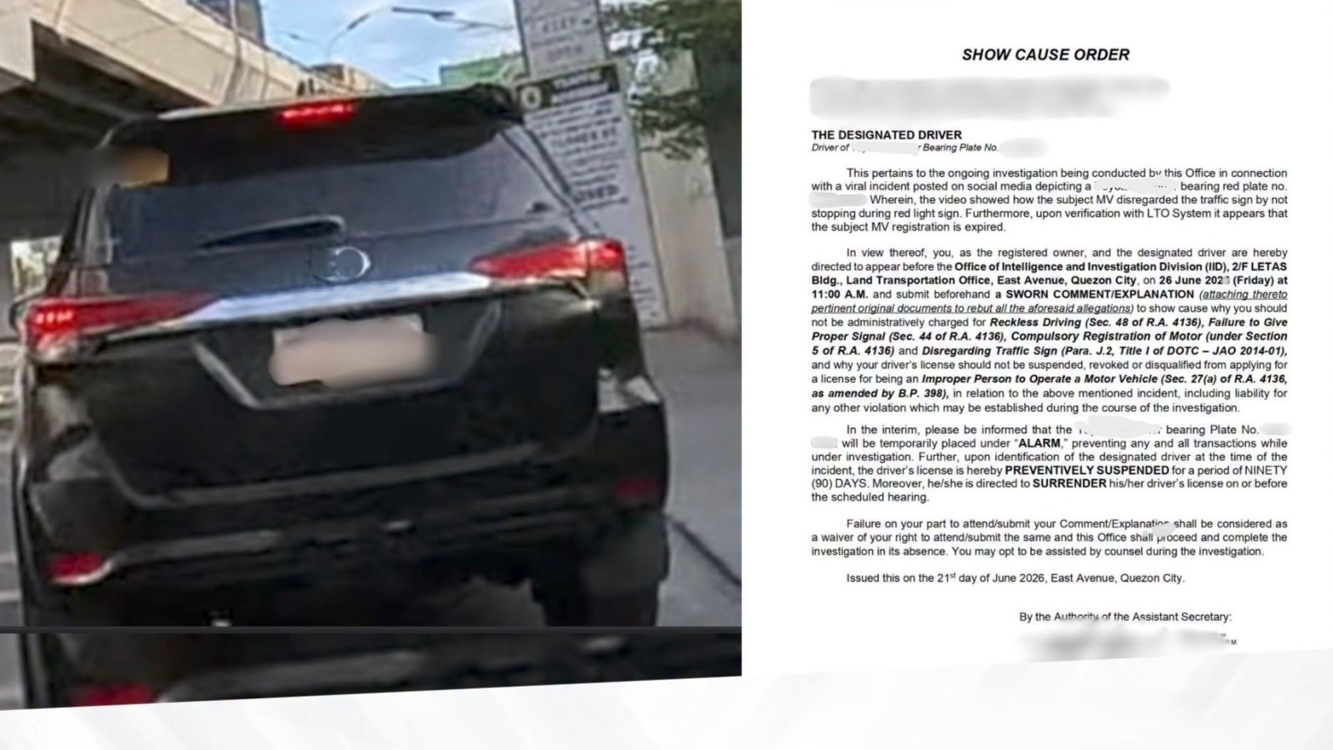 LTO summons driver of gov't vehicle that did not stop at red traffic light