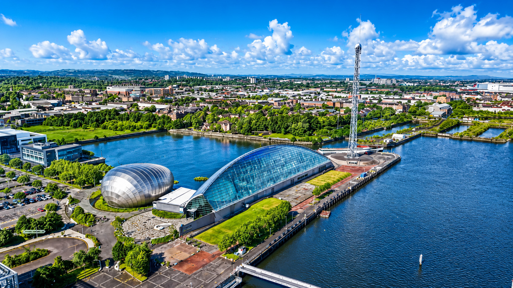 A futuristic waterfront building that looks straight out of the future