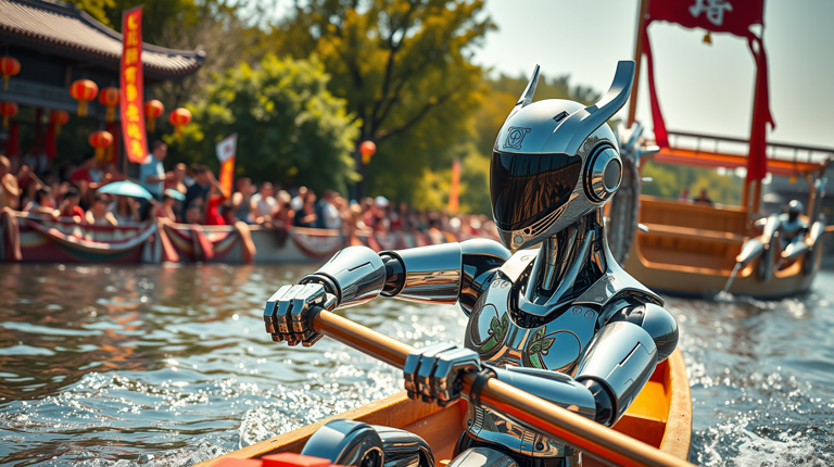 Humanoid robots row dragon boats at China's Dragon Boat Festival in a ...