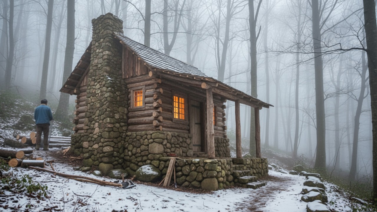 30 days alone: Building a small log and stone cabin in the forest