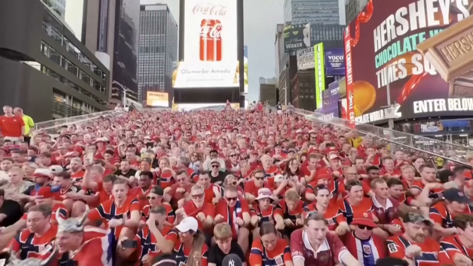 Norway fans take over Times Square with Viking row