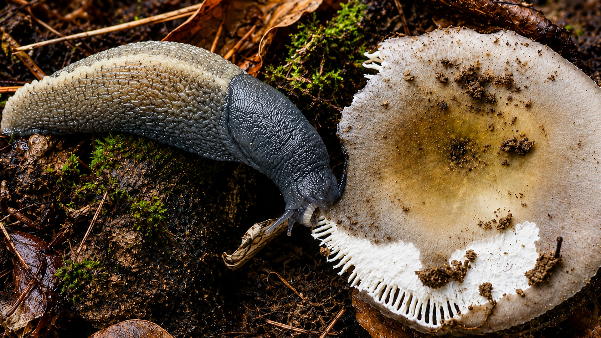 Una lumaca gigante accanto a un fungo ripresa da una camera nascosta