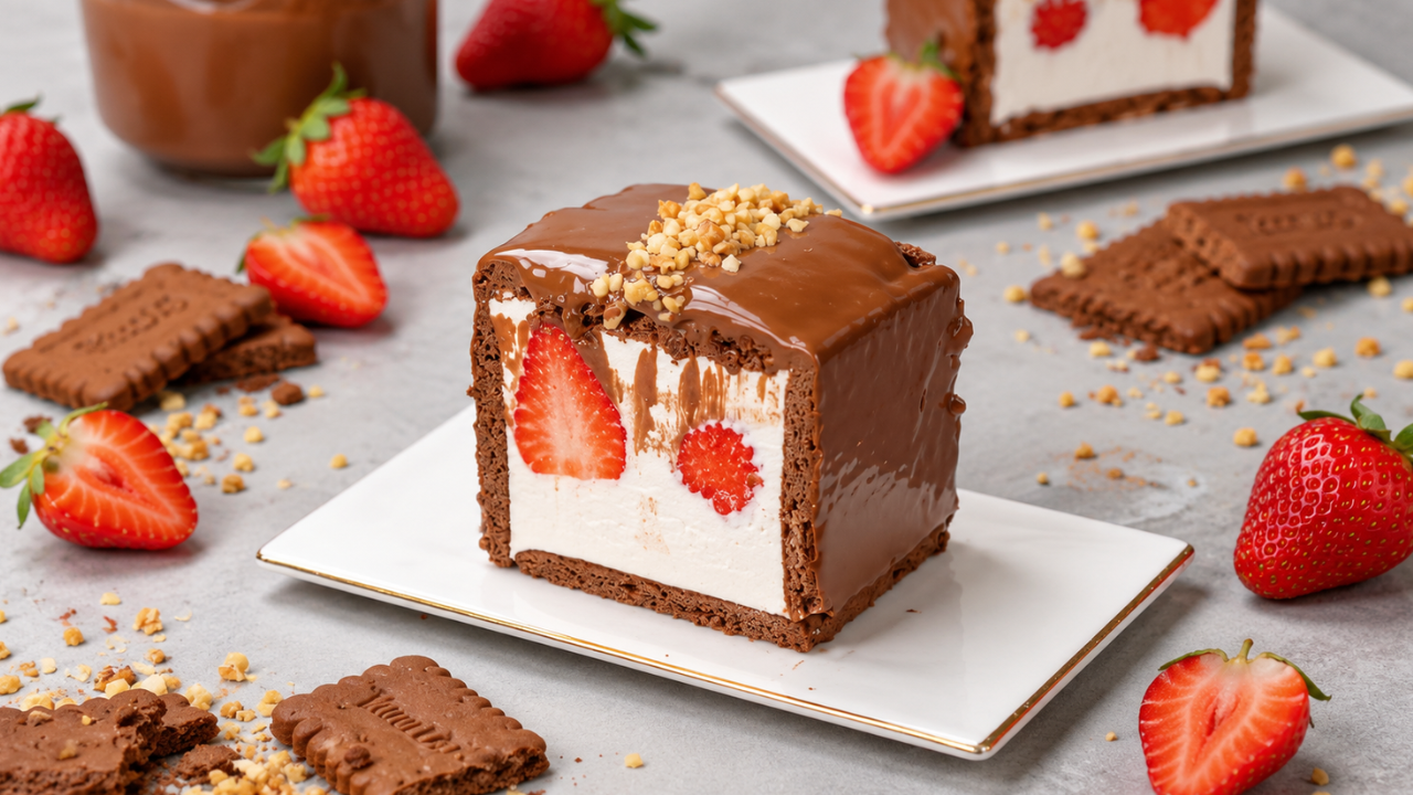 Chocolate strawberry cream cube cake