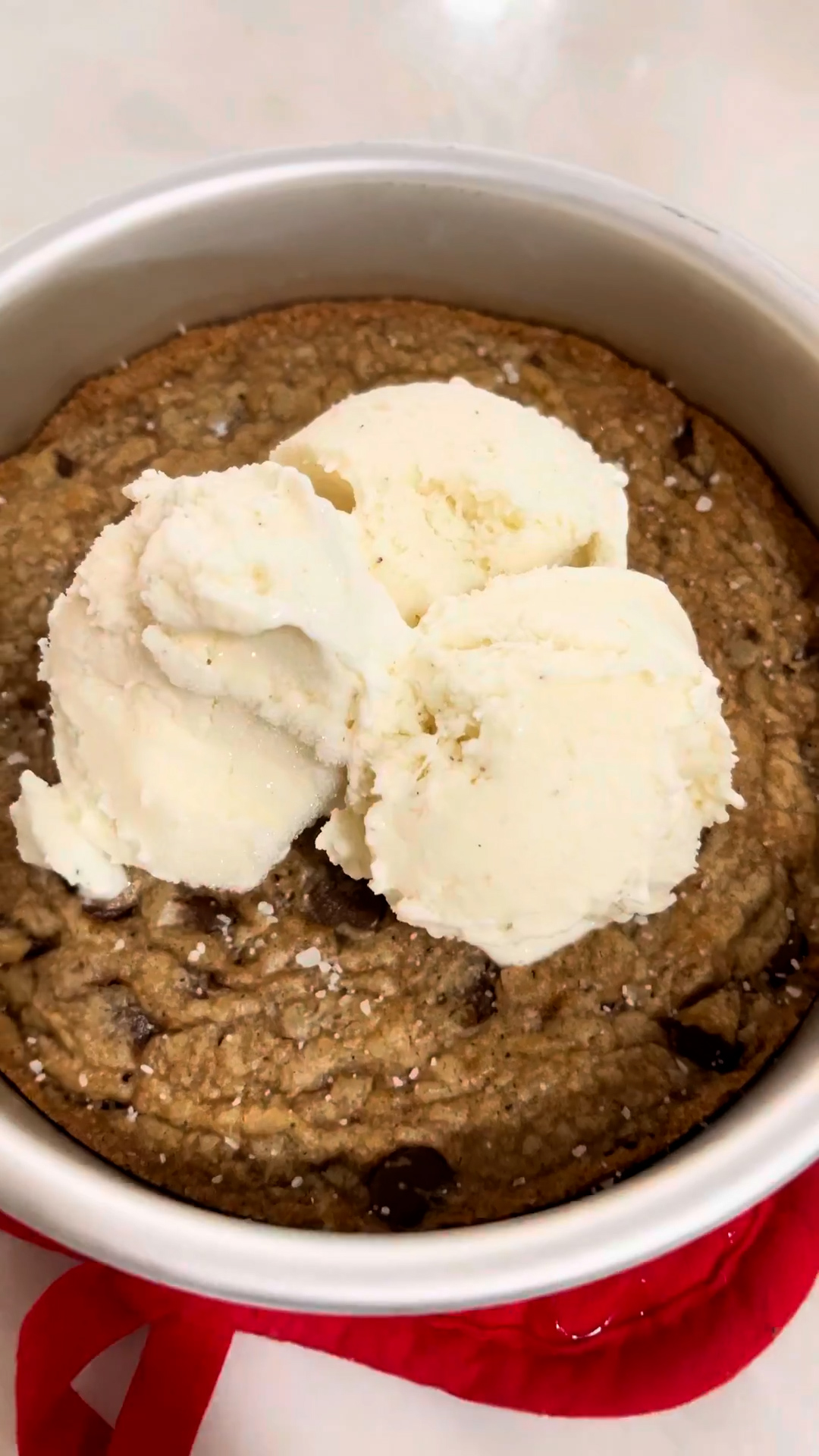 Decadent double chocolate pizookie served warm everyone will enjoy