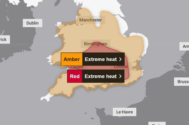 Full list of 50 UK areas hit with rare red extreme heat alert as Brits ...