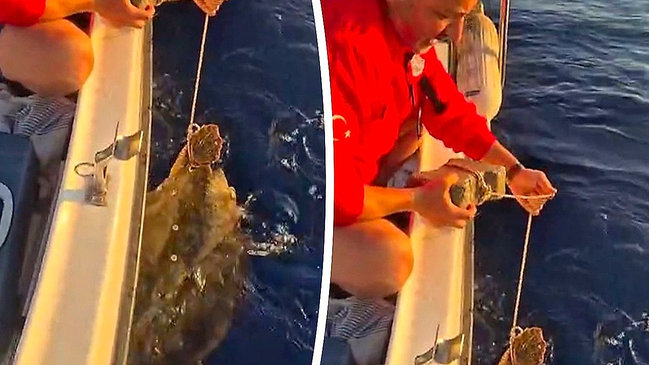 Fishermen off coast of Turkey find sea turtle with paving stone tied to ...