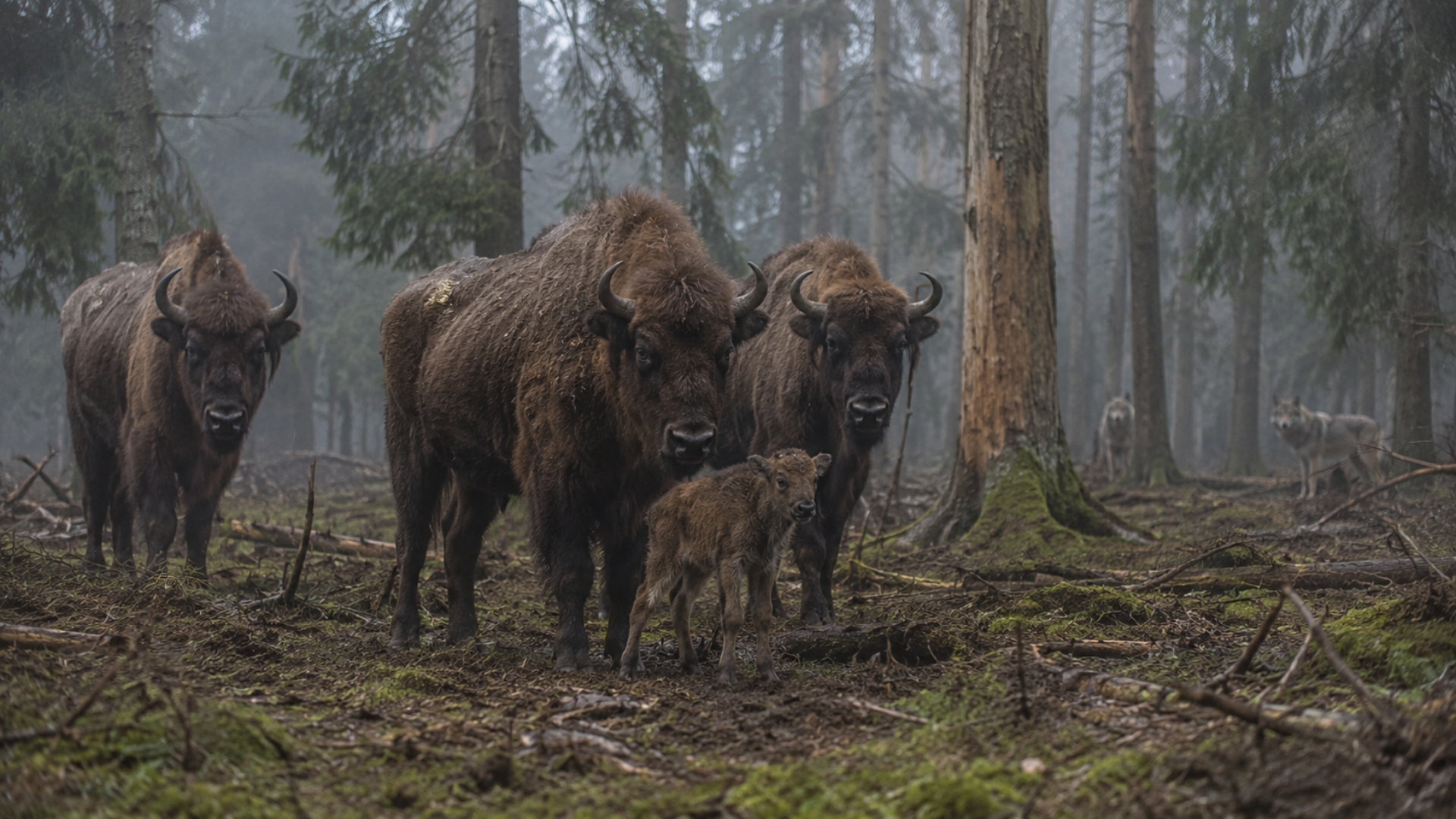 Un bison polonais protégeant un veau contre des loups montre que la ...