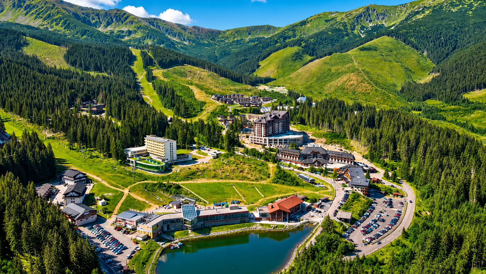 An untouched mountain valley hidden between forests and giant peaks