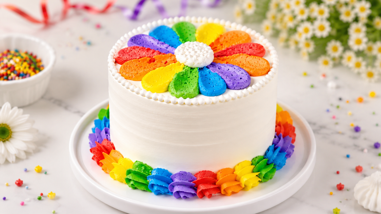 Rainbow flower celebration cake