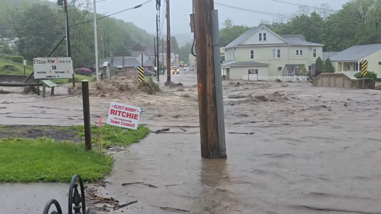 Severe flash flooding overflows river and floods roads in Maryland, USA