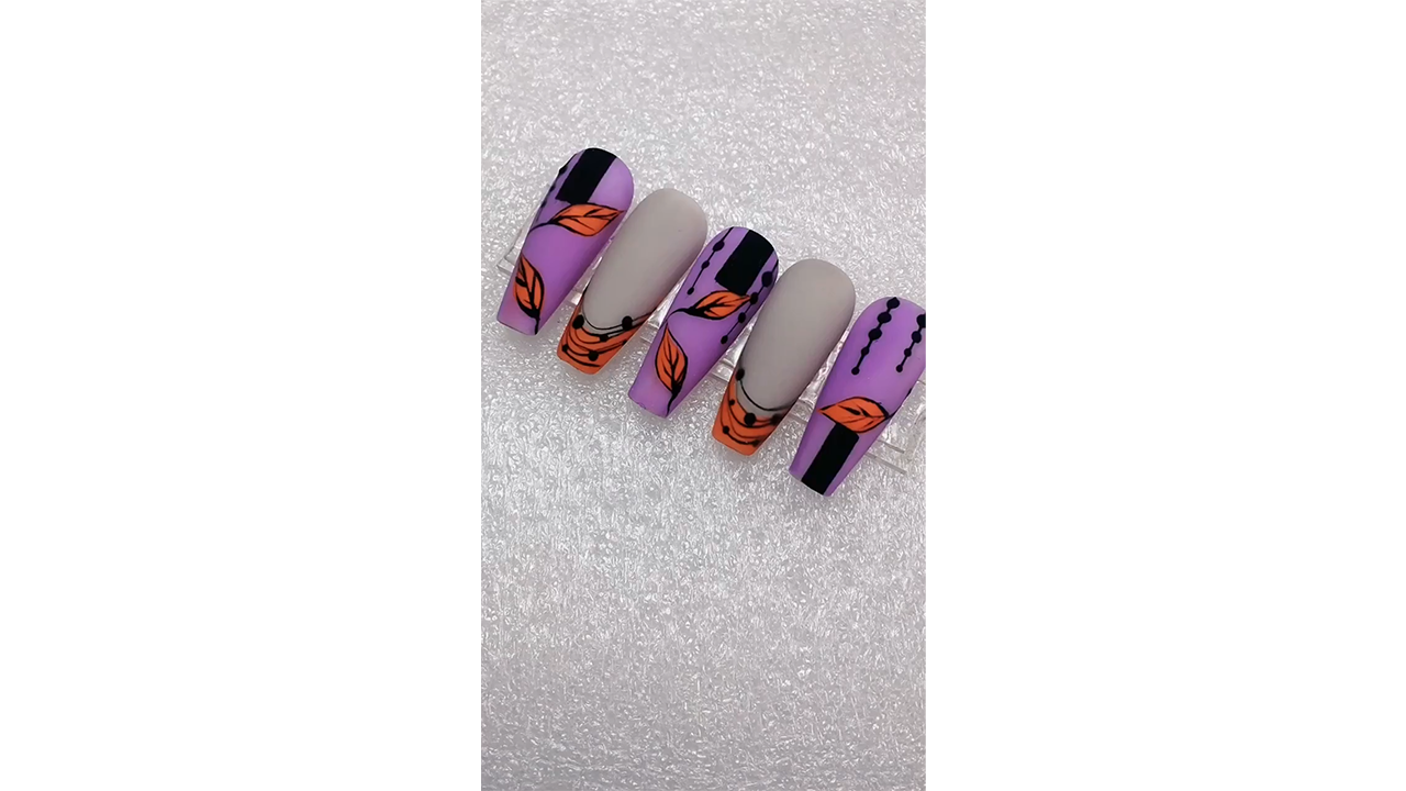 Creating Retro Purple Nails With Orange Leaf Art And Geometric Stripe ...