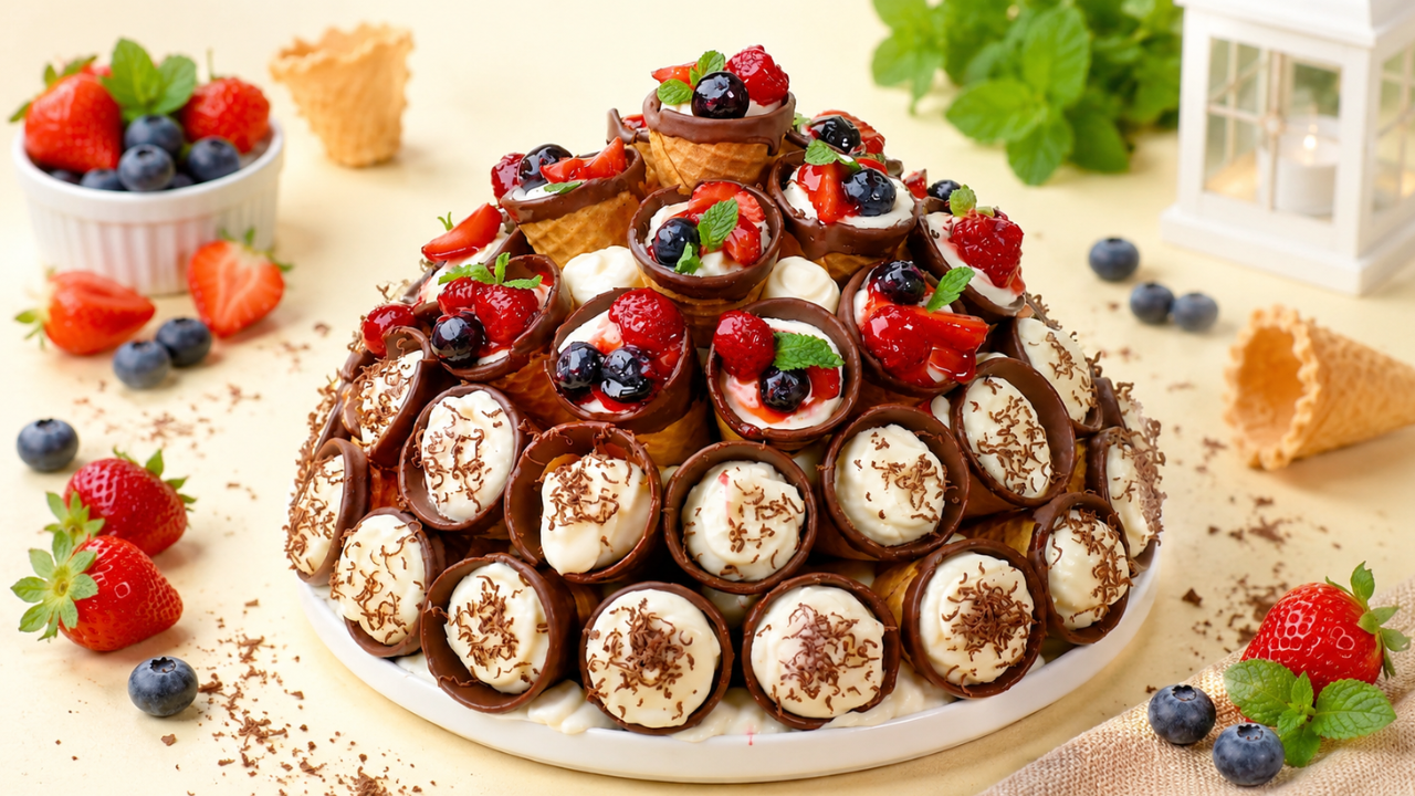 Chocolate berry cone dessert mountain