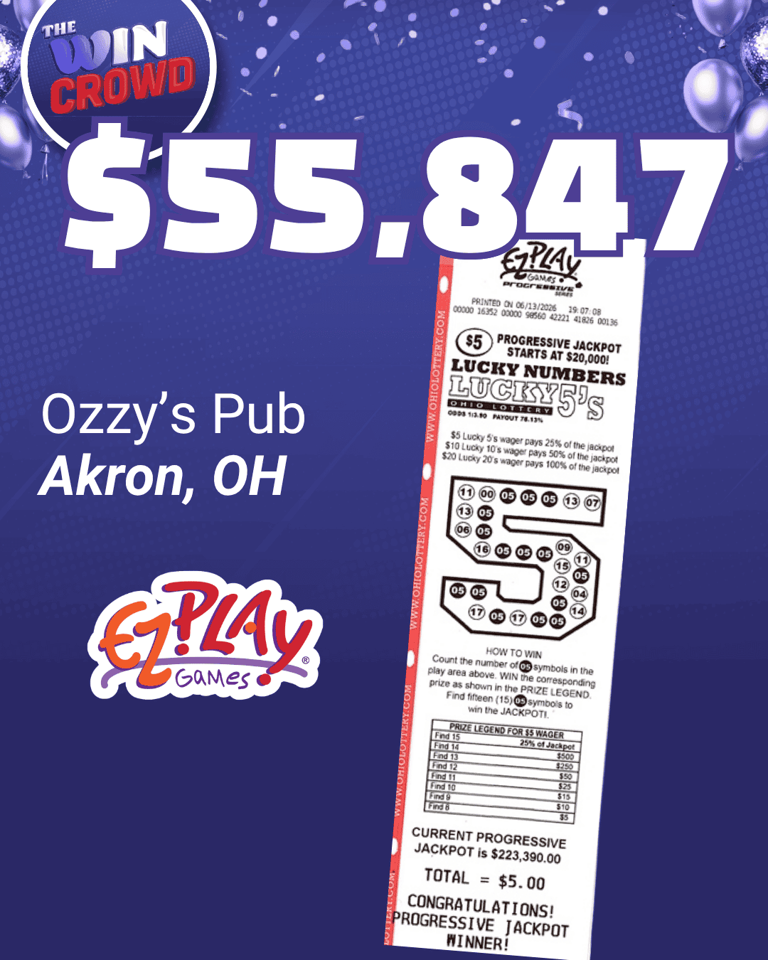 Akron woman wins $55,000 lottery jackpot at local pub