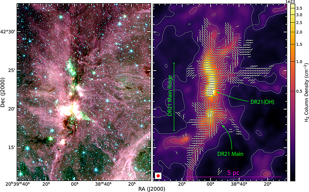 Astronomers map a magnetic 'skeleton' funneling gas into a stellar nursery