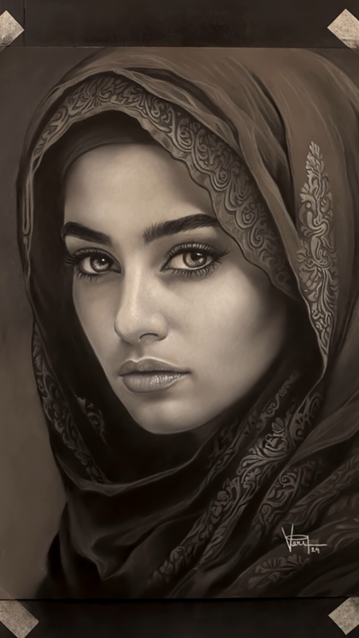 Charcoal portrait of Arabian woman with hyper realistic pastel shading art