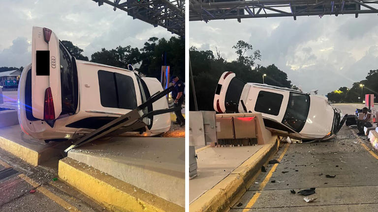 Driver accused of DWI after car flips at Causeway toll plaza