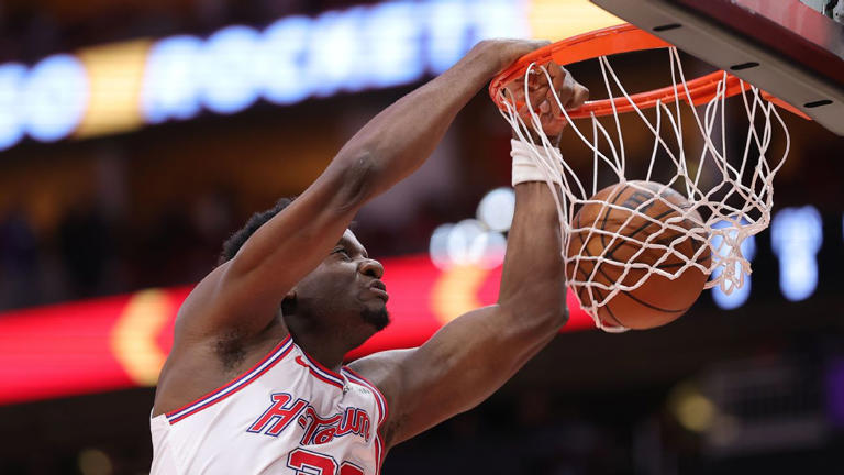 Houston Rockets' Clint Capela dunks on DR Congo's footballers during ...