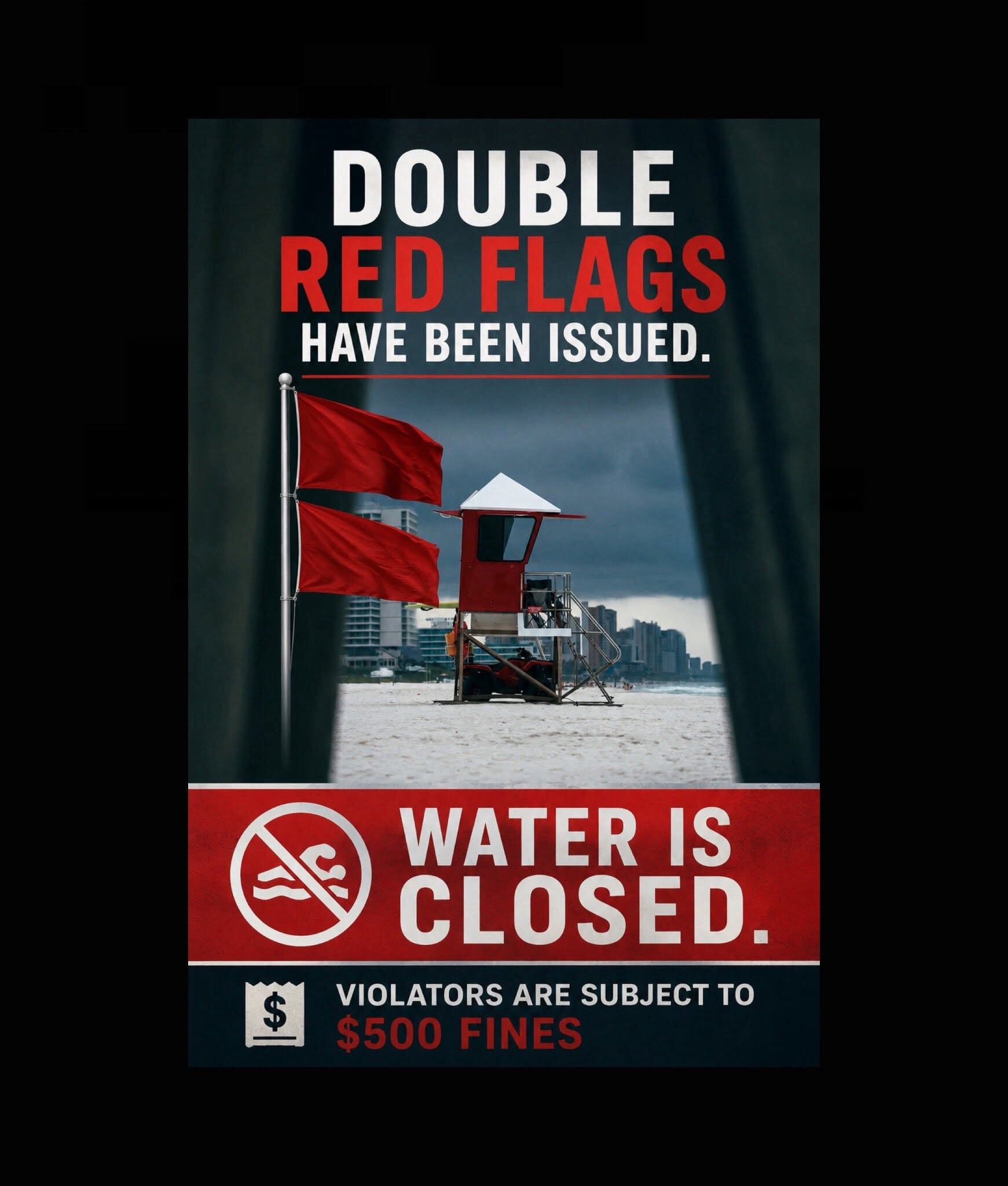 Double red flags issued; water closed due to extreme rip current conditions