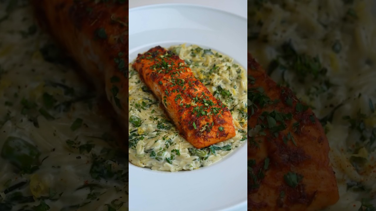 Broccoli-spinach orzo with baked garlic salmon