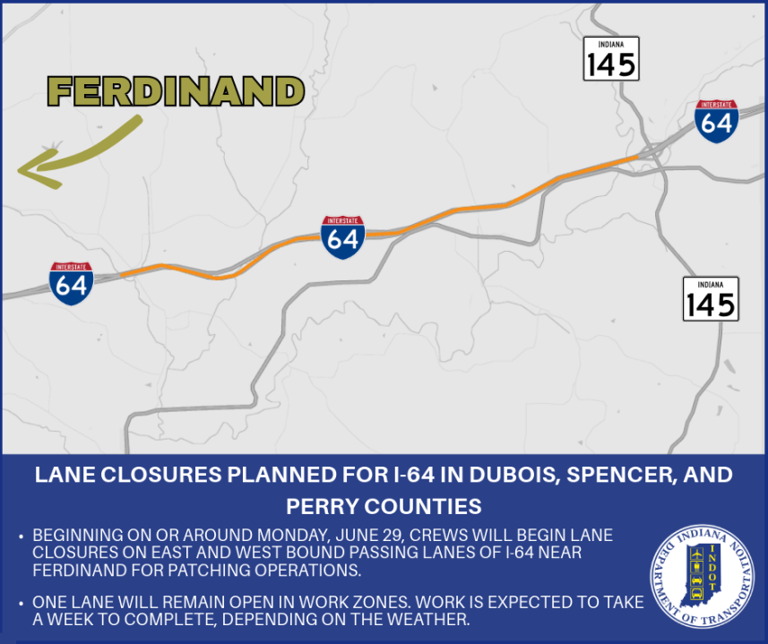 INDOT announces lane closures on I-64 for pavement patching