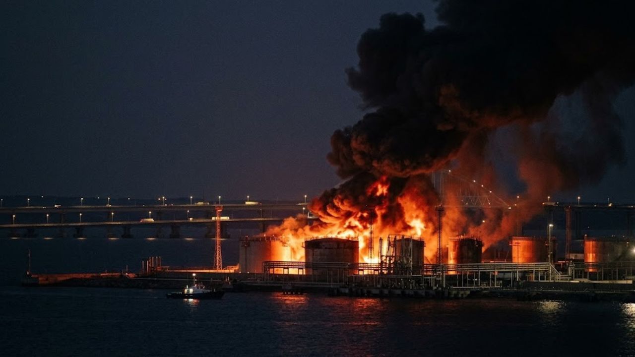 Ukraine hits both ends of Crimean bridge as Kerch oil terminal burns ...