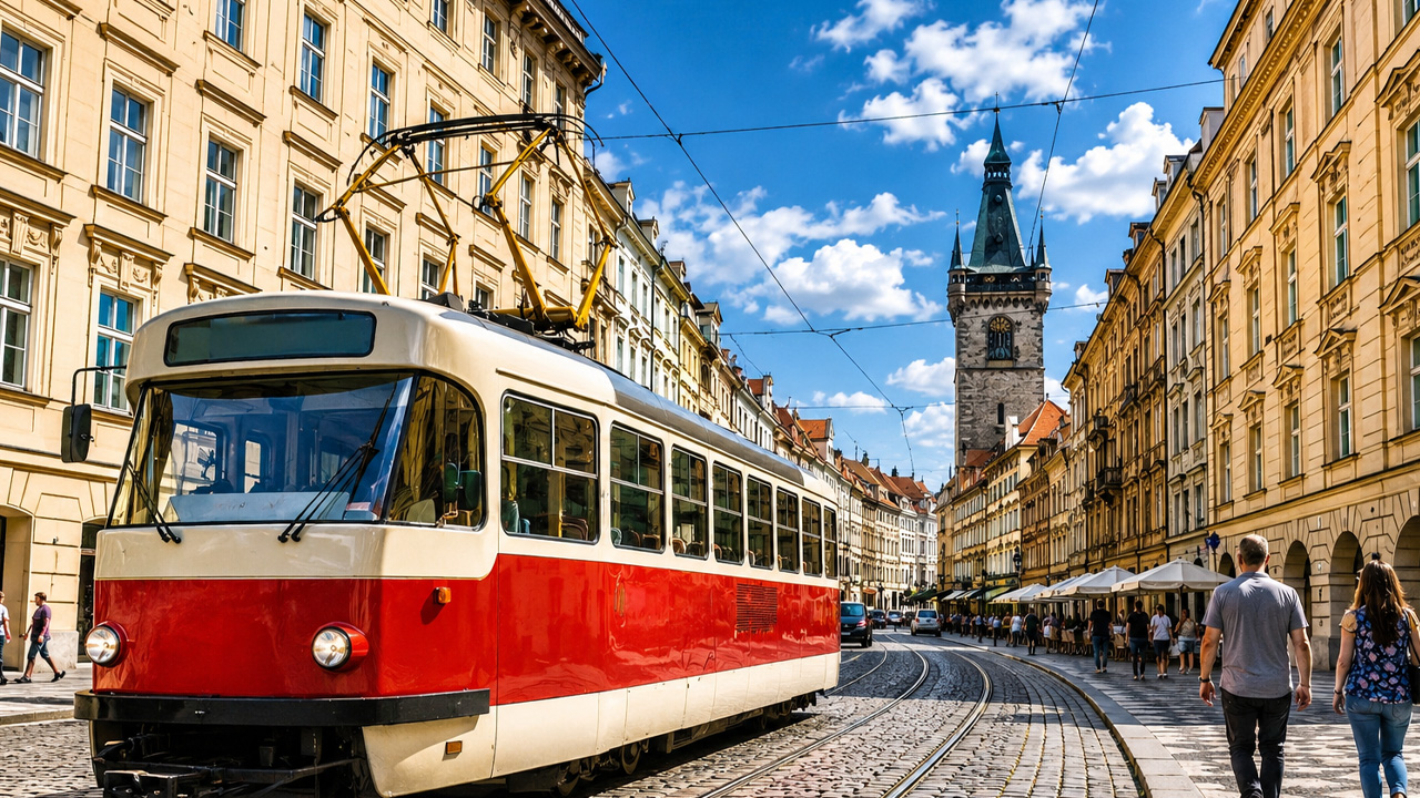 Prague tram walk through historic streets