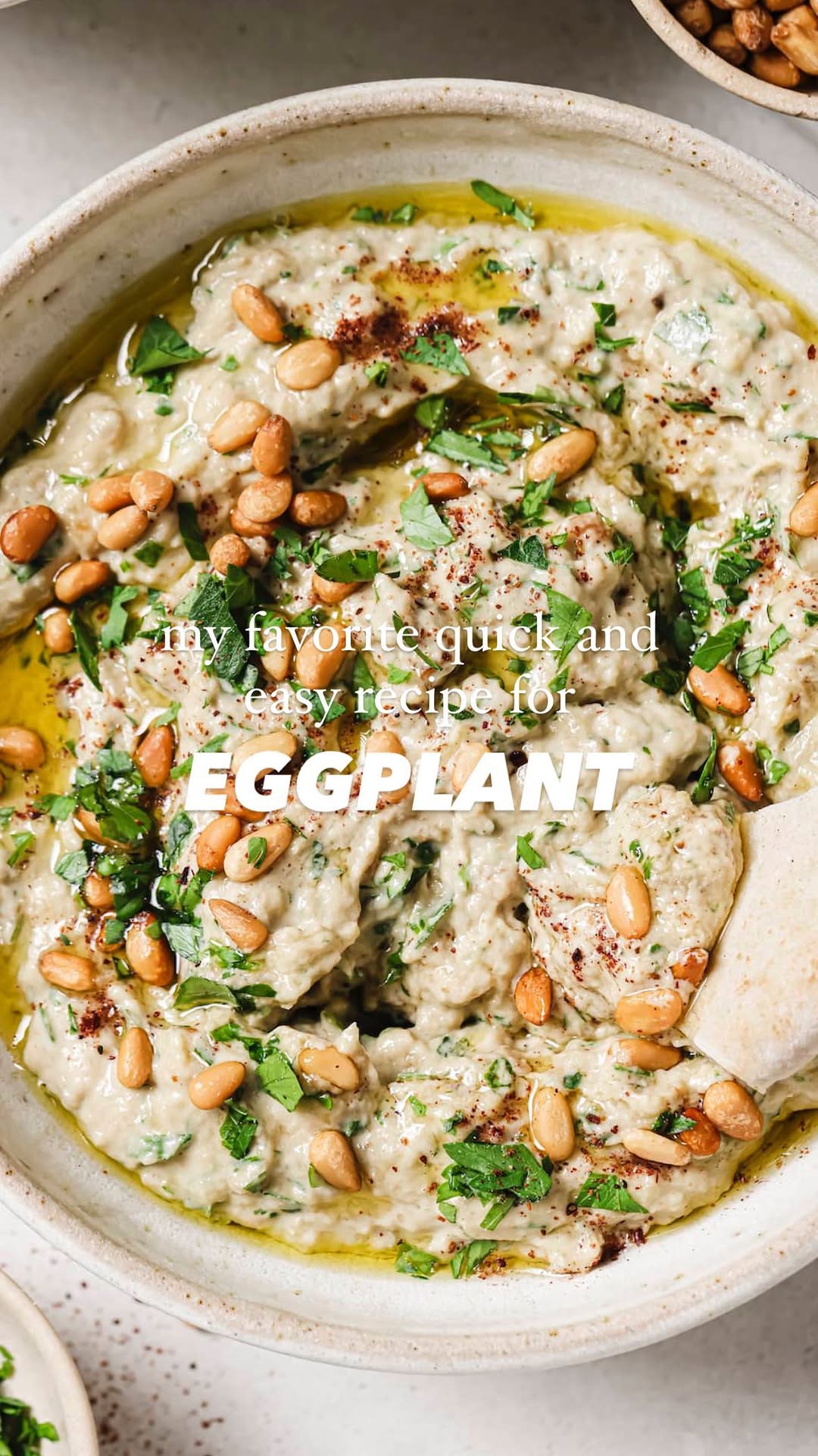 Smoky roasted eggplant dip with tahini and toasted pine nuts