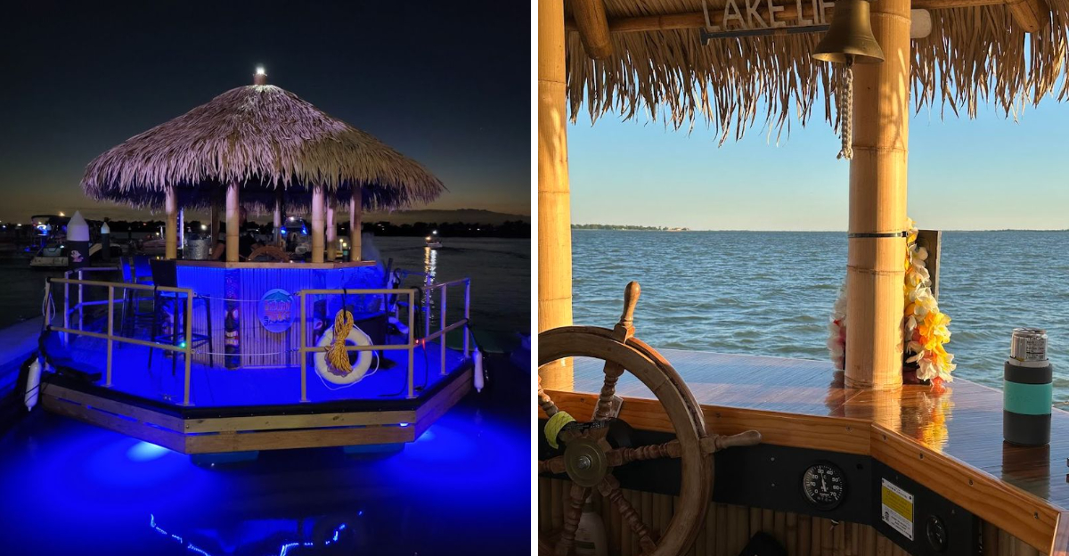 A floating tiki boat with panoramic lake views makes this one of the ...