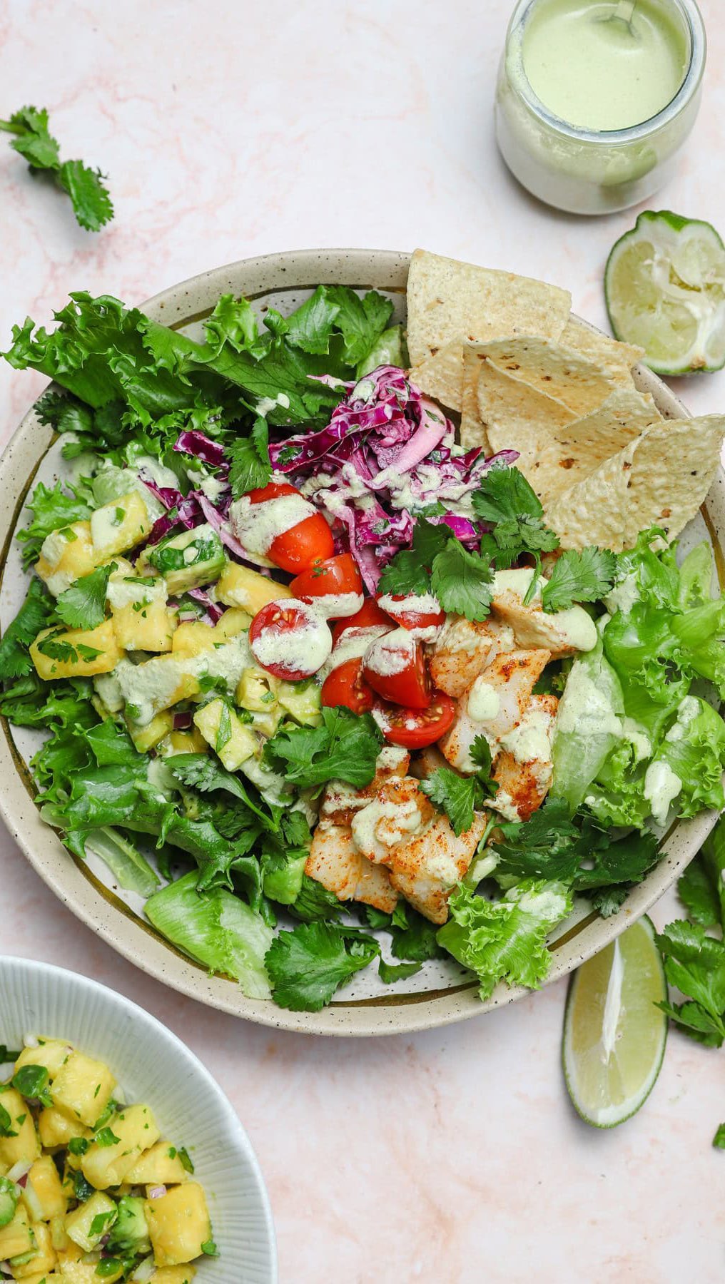 Loaded fish tacos with pineapple salsa and red cabbage slaw