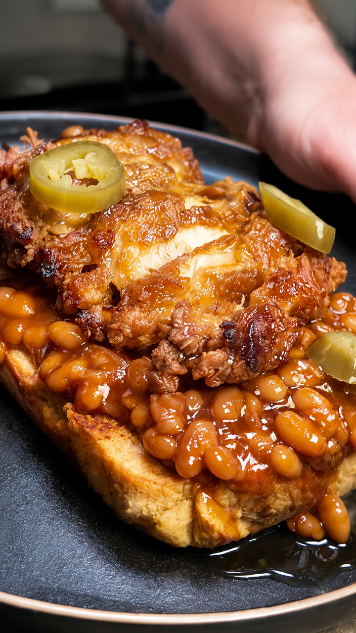 Ultimate American beans on toast with cornbread and chicken