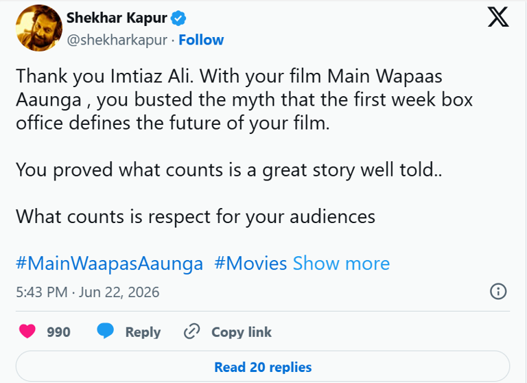 After Main Vaapas Aaunga breaks box office myths, Shekhar Kapur lauds ...