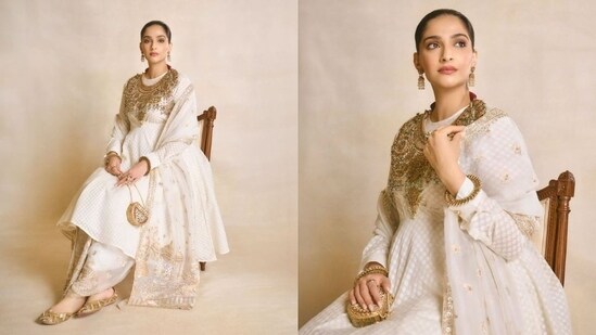 Sonam Kapoor looks straight out of a royal portrait in ivory anarkali ...