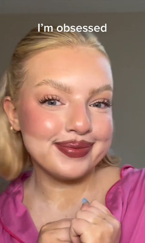 Rare Beauty lip oil as blush glow test